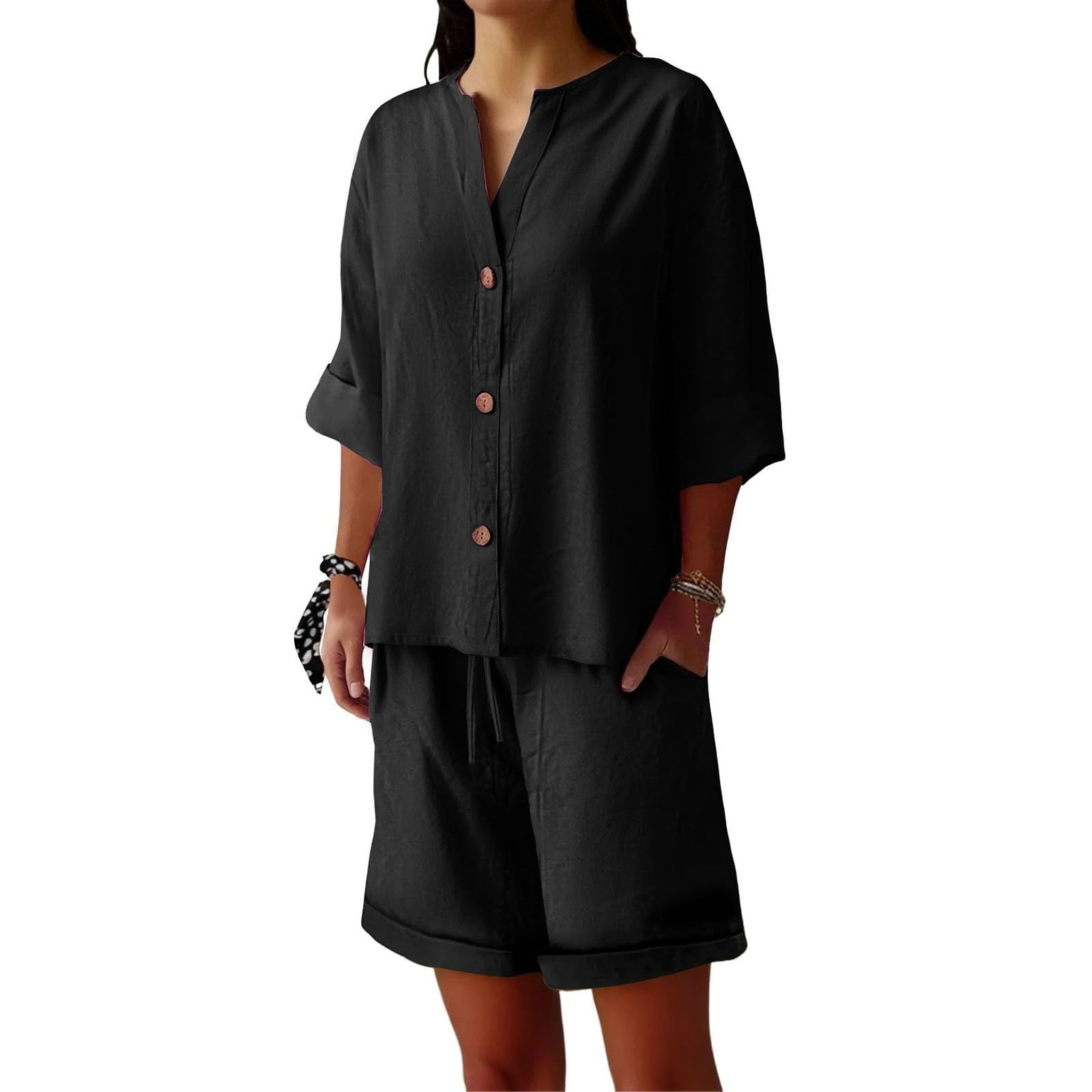 Oplxuo Women's Linen Shorts Sets 2 Piece Summer Short Sleeve Top and ...