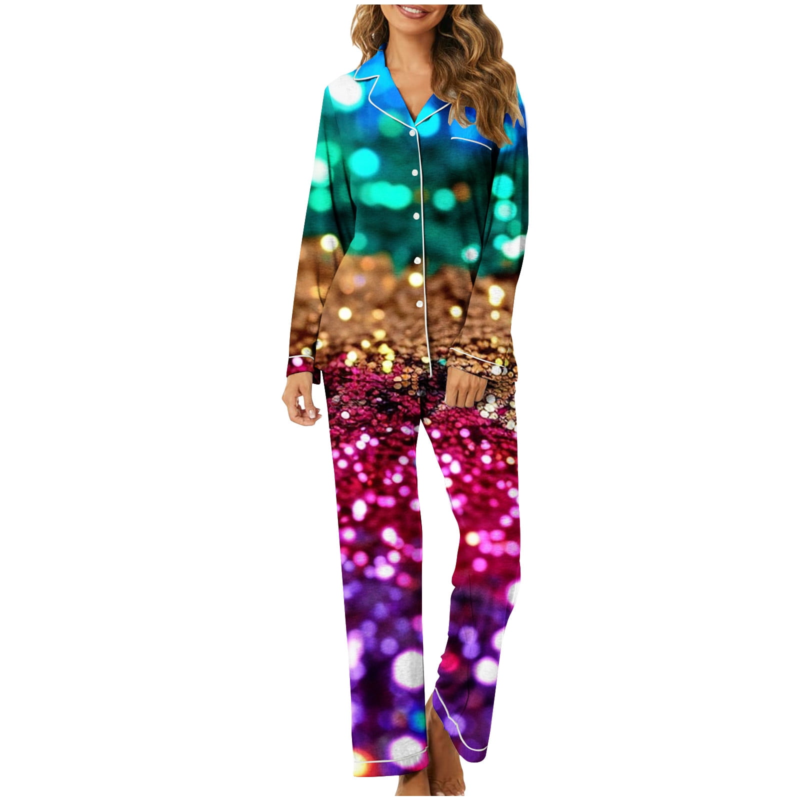 Oplxuo Women's Long Pants Pajamas Sets, Sparkly Sequin Printed Button ...