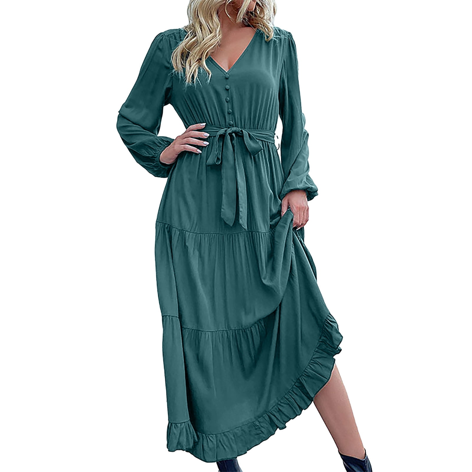 Oplxuo Women's Long Sleeve Dress 2025 Button Down Belted A-Line Flowy ...