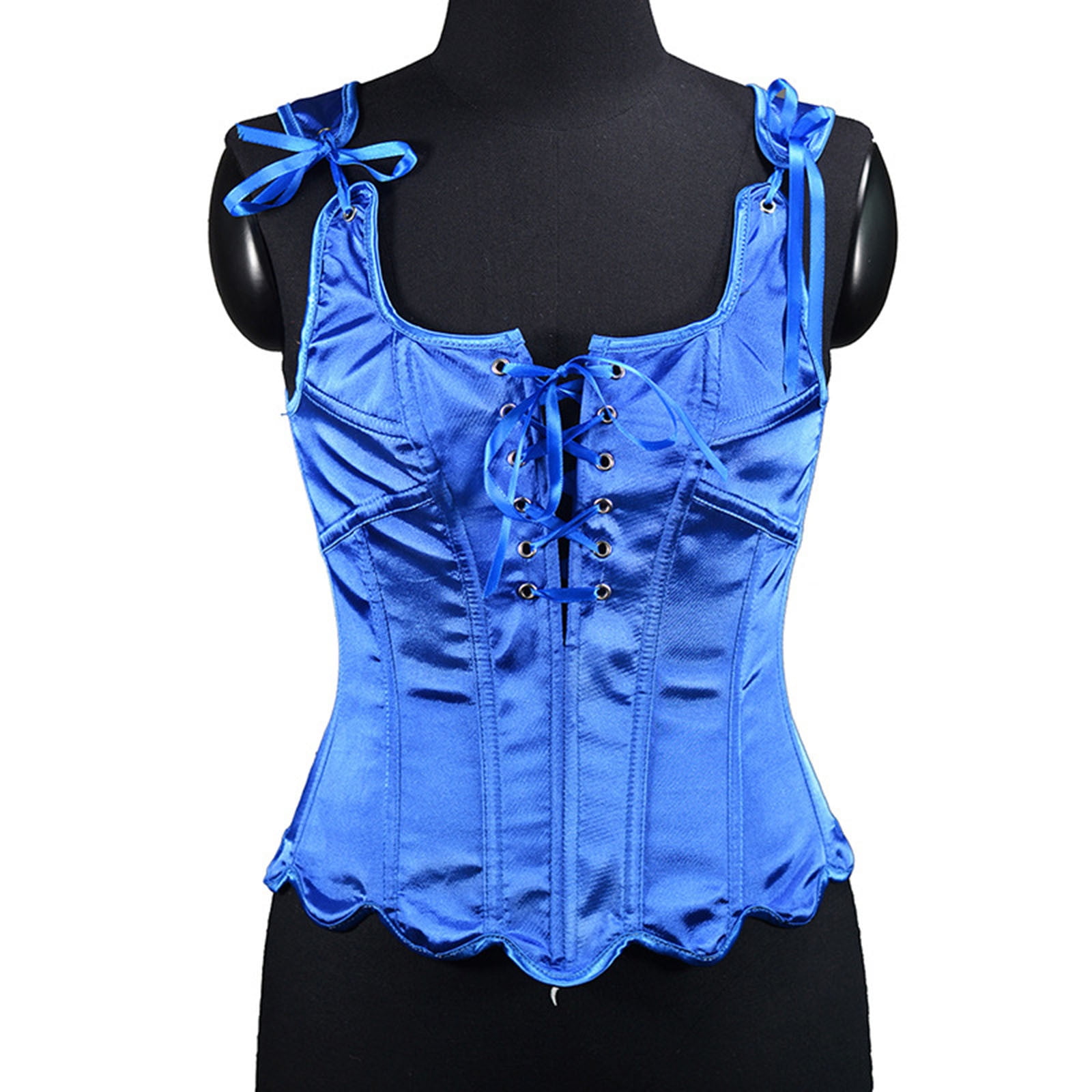 Oplxuo Women's Renaissance Vintage Corset Bustier Chic Wave Hem Lace Up Tie Front Overbust ...