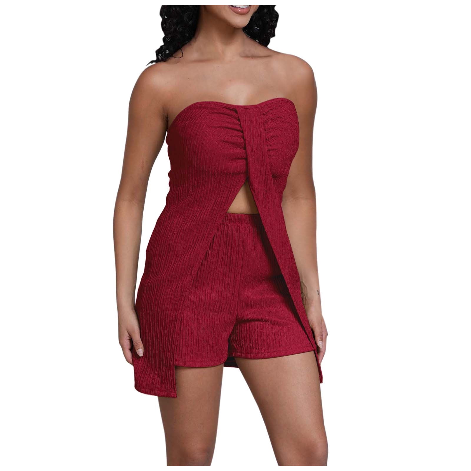 Oplxuo Women's Sexy 2 Piece Outfits 2025 Summer Split Front Strapless ...