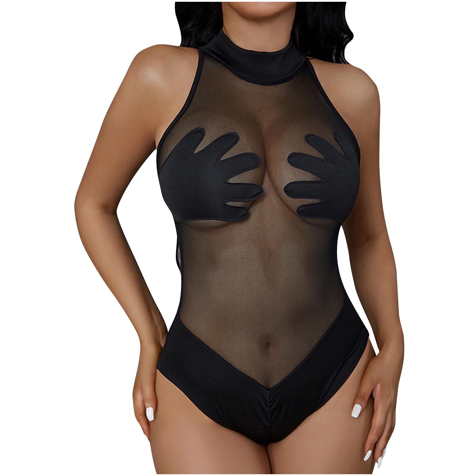 Oplxuo Women's Sexy Sleeveless Mesh Sheer Bodysuits Chic Hand Print Mock Neck Bodycon Sexy One ...