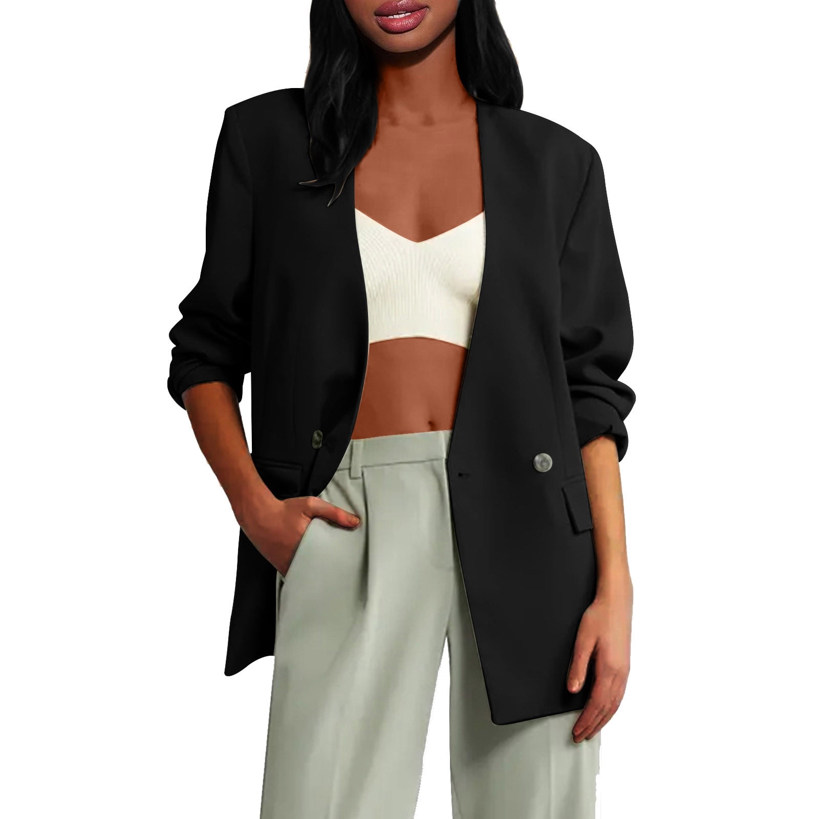 Oplxuo Women's Shoulder Pad Blazers Outerwear, Loose Fit Casual Long ...