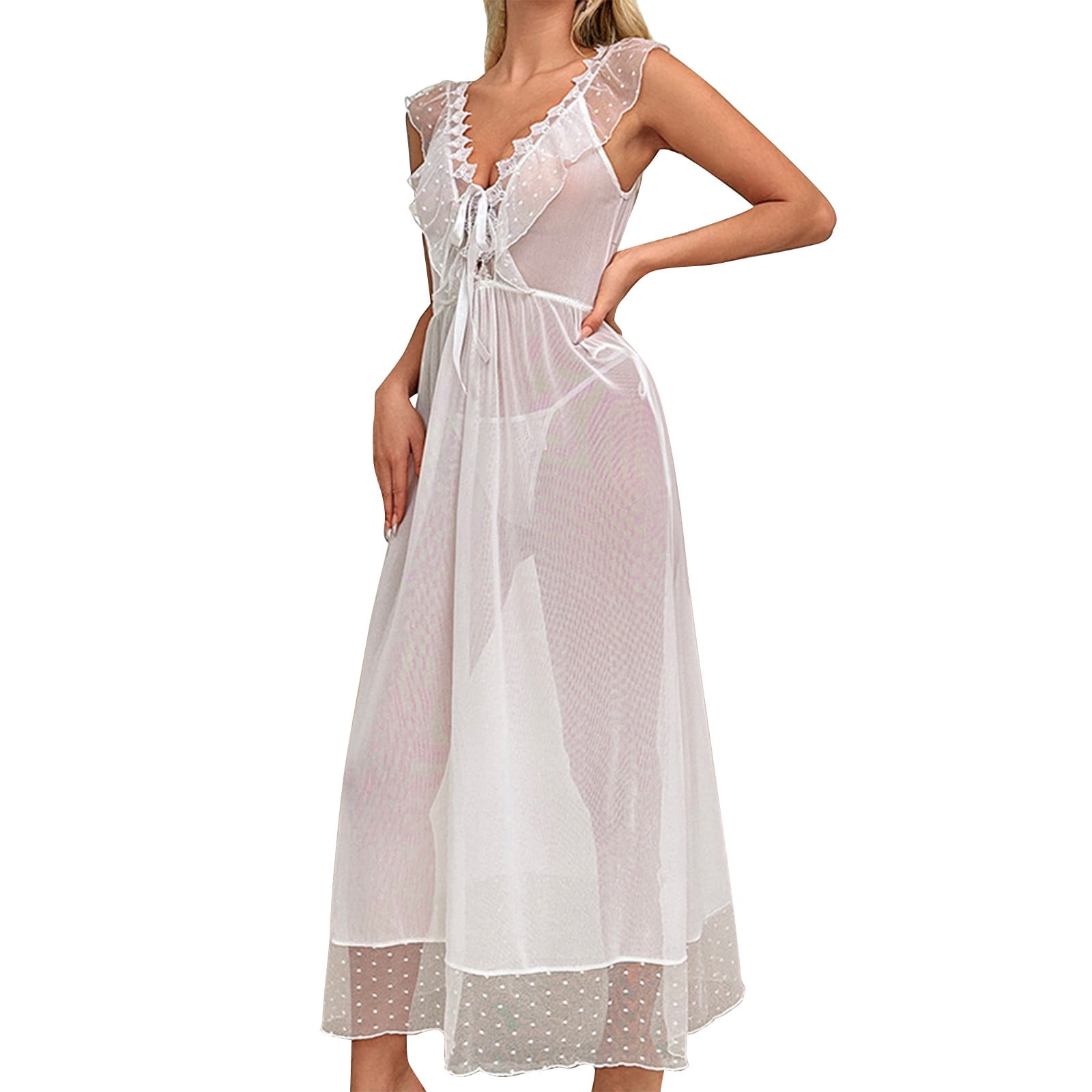 Oplxuo Womens Deep V Sexy Lace Sheer Mesh Ruffle Nightgown with Thong ...
