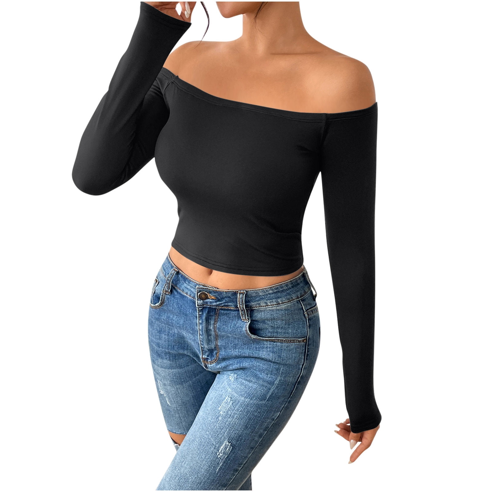 Oplxuo Womens Long Sleeve Off Shoulder Tops Going Out Cute Basic Y2K ...