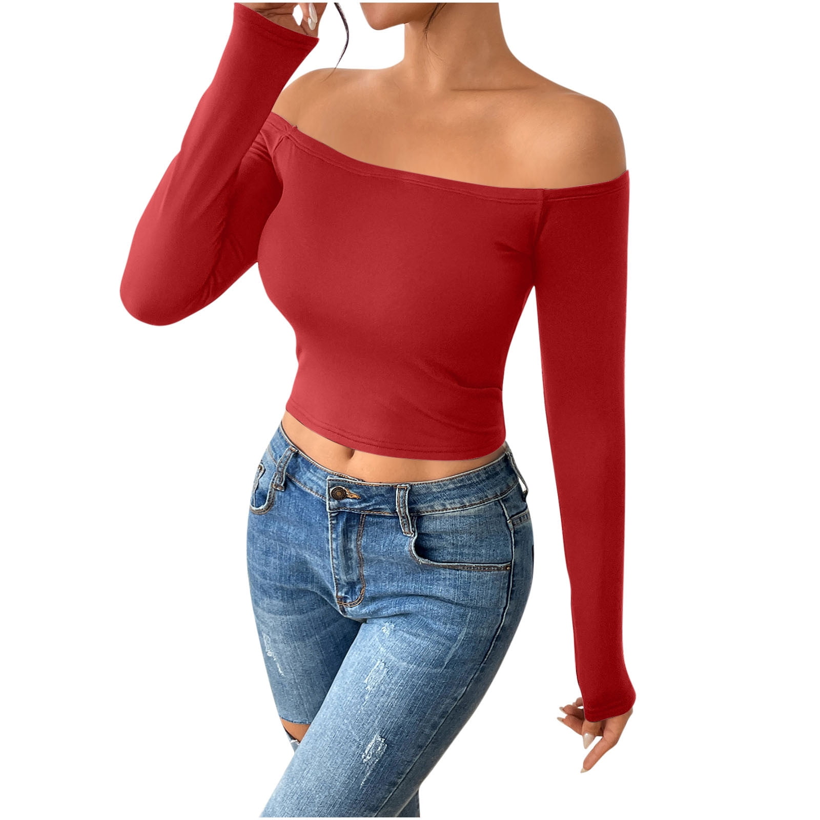 Oplxuo Womens Long Sleeve Off Shoulder Tops Going Out Cute Basic Y2K ...