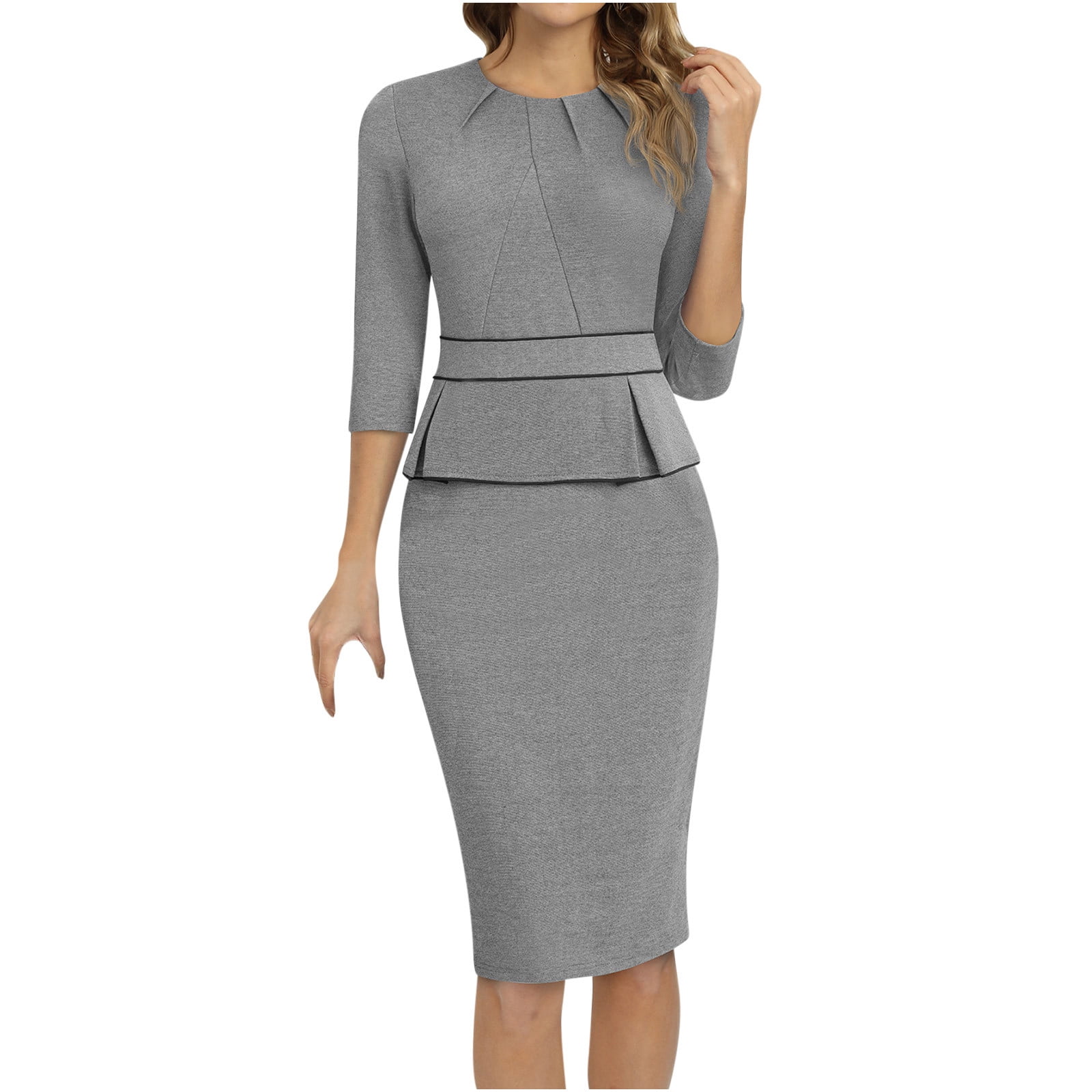 Oplxuo Womens Peplum Bodycon Pencil Midi Dress - Elegant 3/4 Sleeve ...