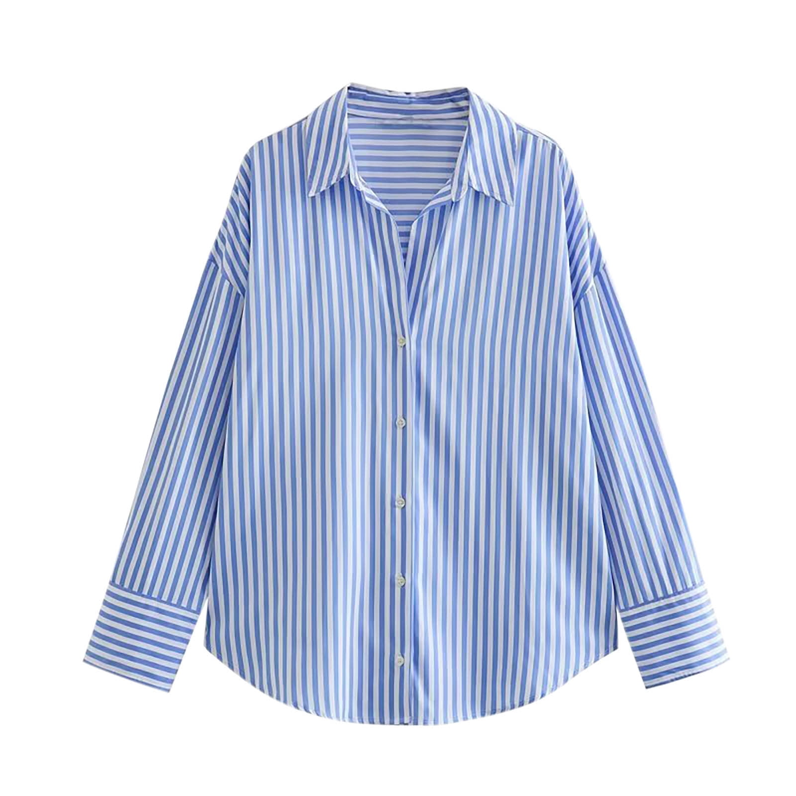 Oplxuo Womens Pinstripe Button Down Shirts, Loose Long Sleeve Striped ...