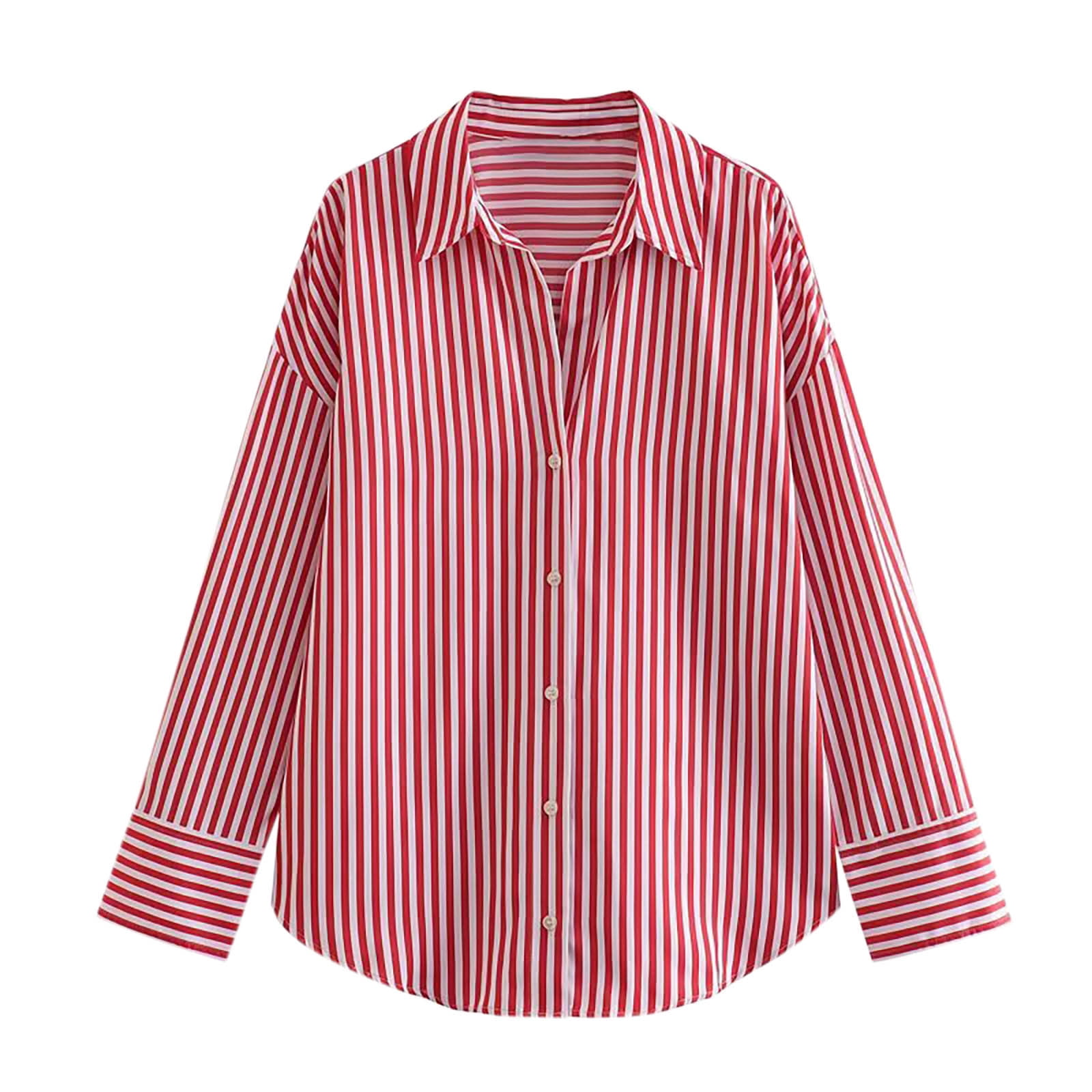 Oplxuo Womens Pinstripe Button Down Shirts, Loose Long Sleeve Striped ...