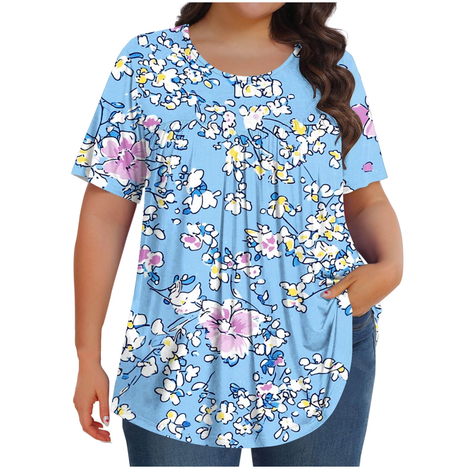 Oplxuo Womens Plus Size Tops Summer Casual Floral Print Shirts Short ...