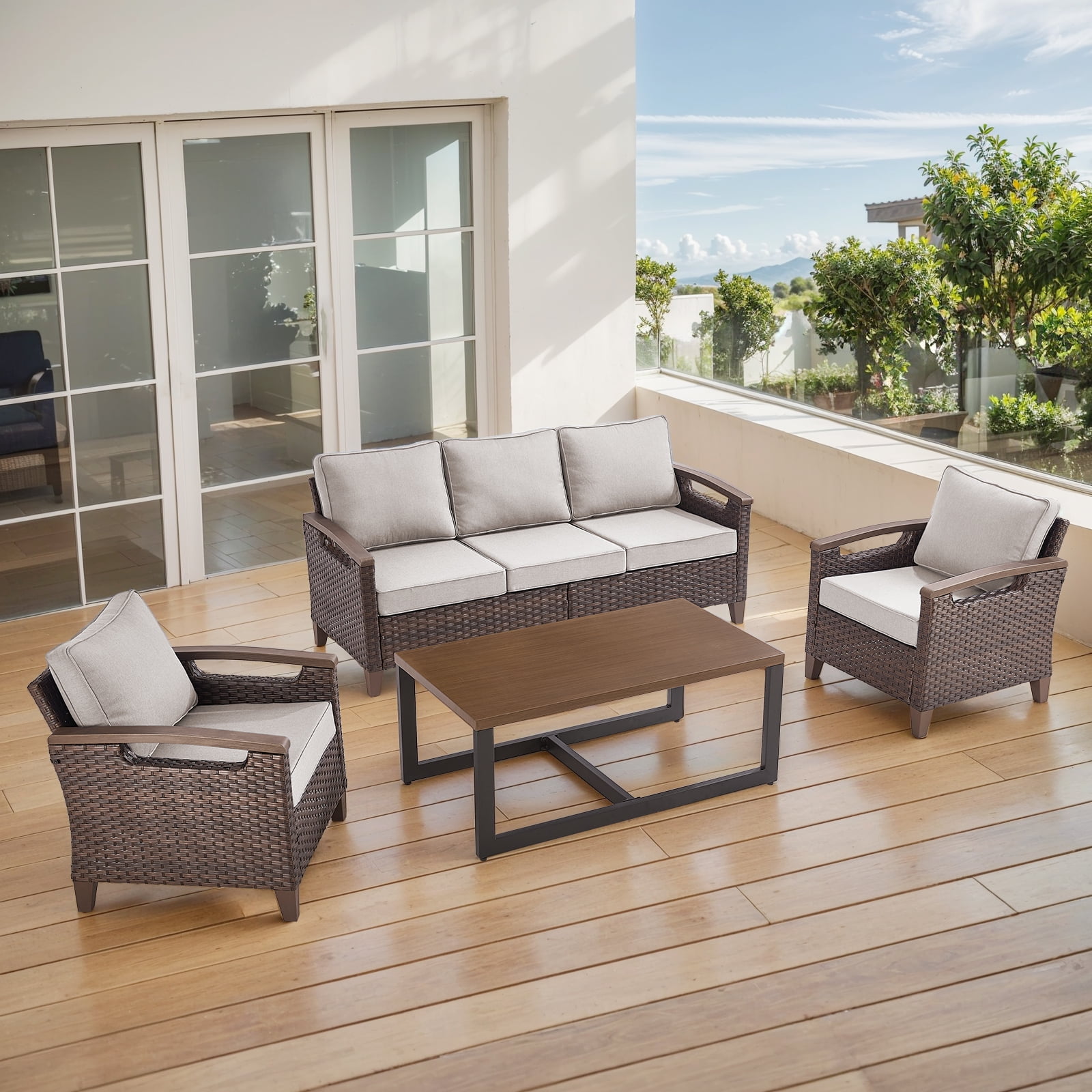 Opohoro 4-Piece Outdoor Conversation Set with Deep Seet Patio Sofa ...