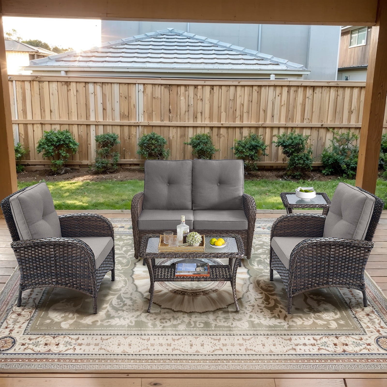 Opohoro 5-Piece Outdoor Conversation Set with Lounge Chairs, Glider ...