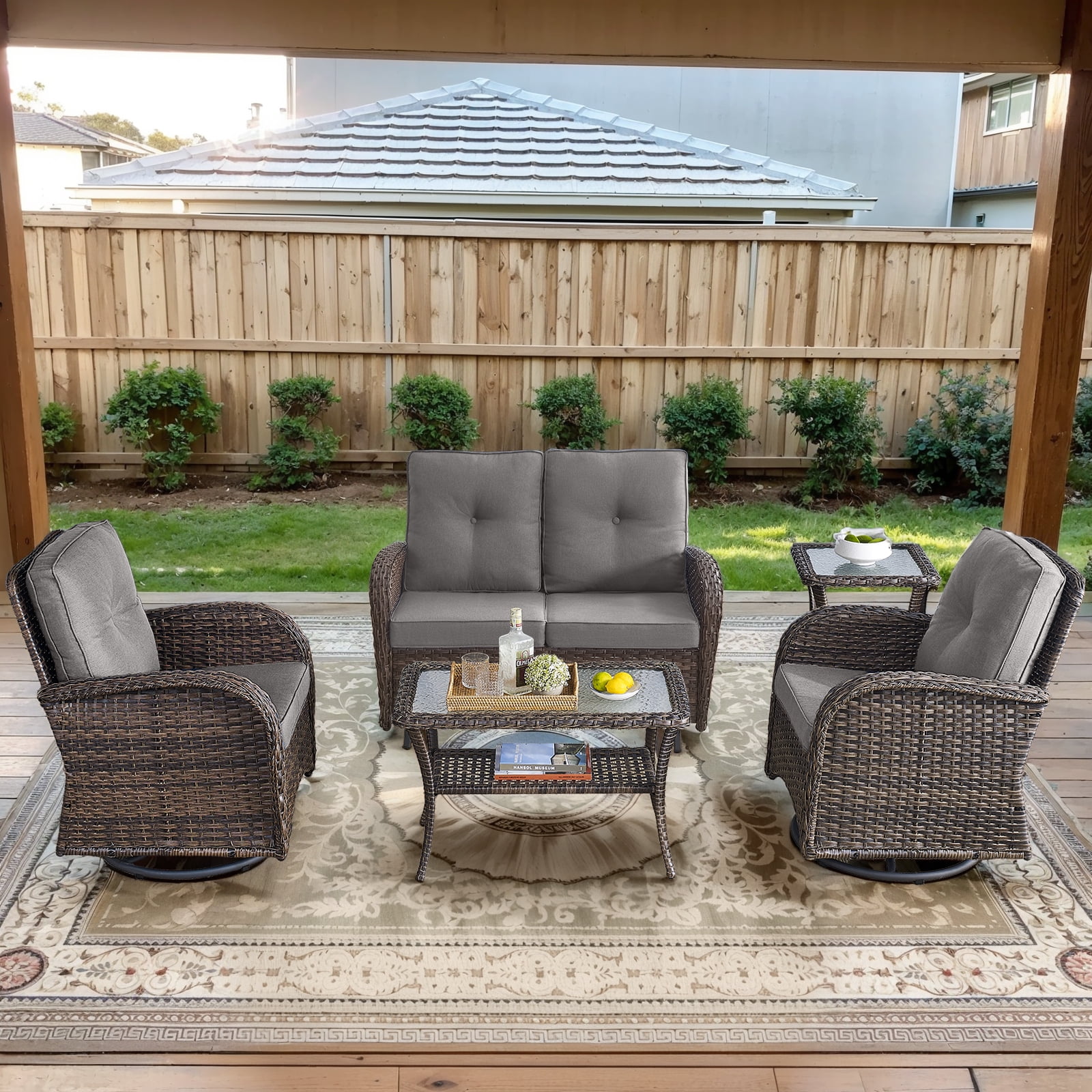 Opohoro 5-Piece Outdoor Conversation Set with Swivel Rocking Chairs ...