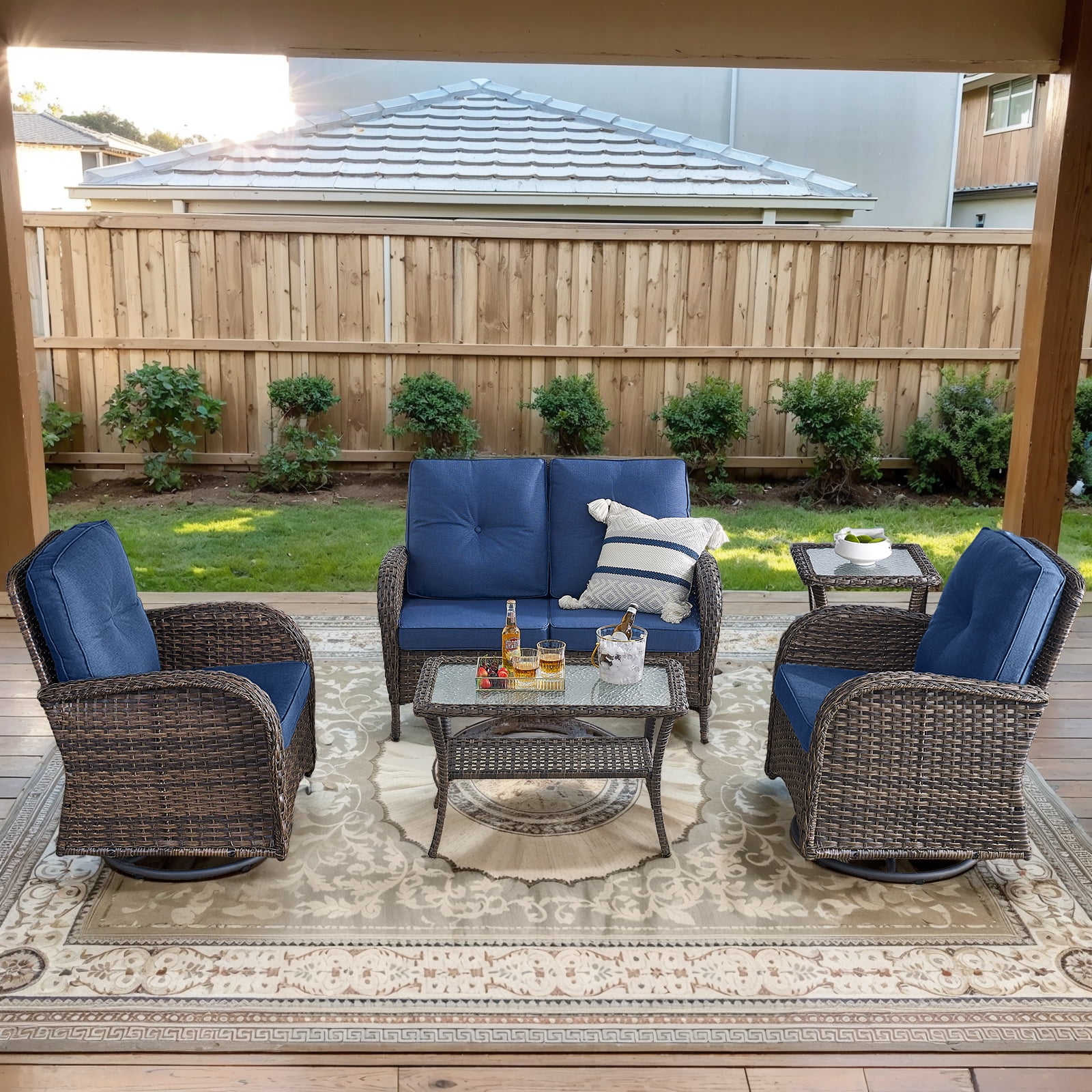 Opohoro 5-Piece Outdoor Conversation Set with Swivel Rocking Chairs ...