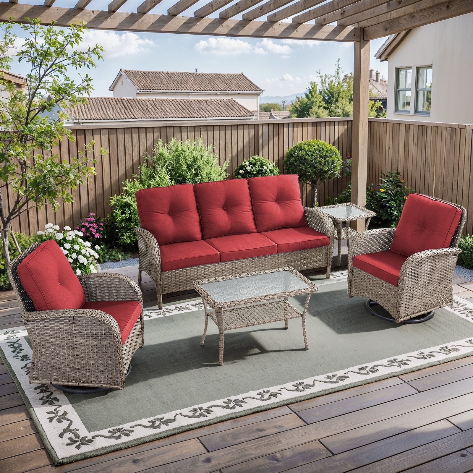 Opohoro 5-Piece Outdoor Conversation Set with Swivel Rocking Chairs ...