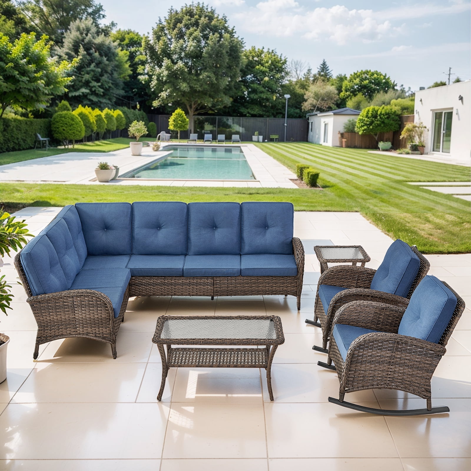 Opohoro 5-Piece Outdoor Wicker Patio Sectional Dining Set with Glider ...