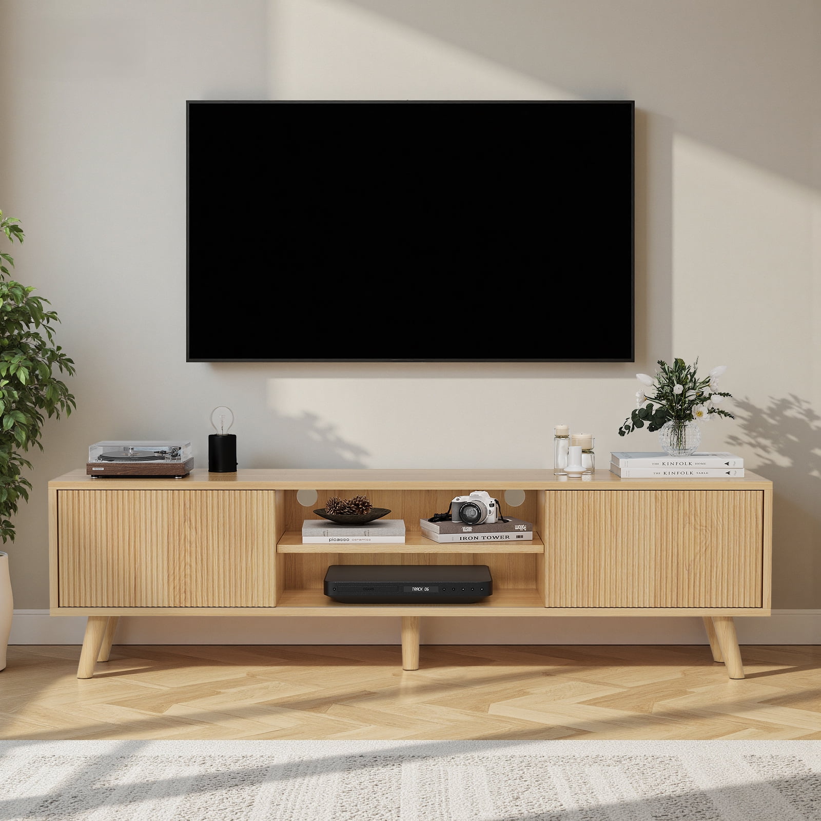 Opohoro 63" Fluted TV Stand for TVs up to 70", Sliding Doors ...