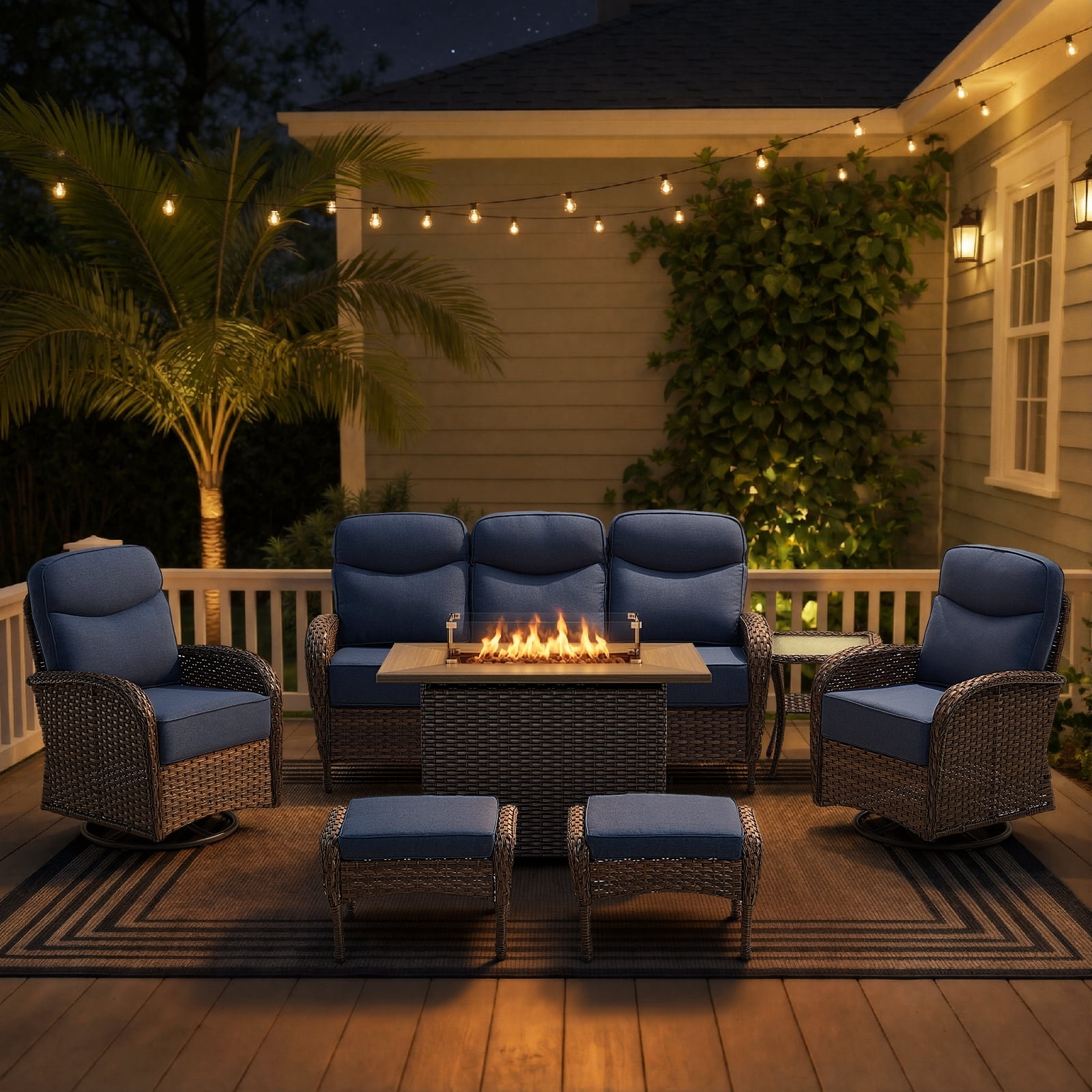 Opohoro 7-Piece Outdoor Conversation Set with 41" Wicker Fire Pit Table ...