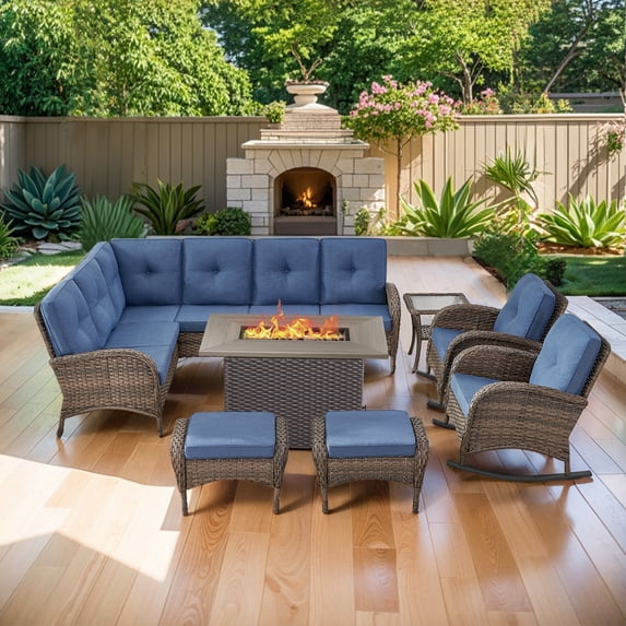Opohoro 7-Piece Outdoor Wicker Patio Sectional Dining Set with 41" Fire ...