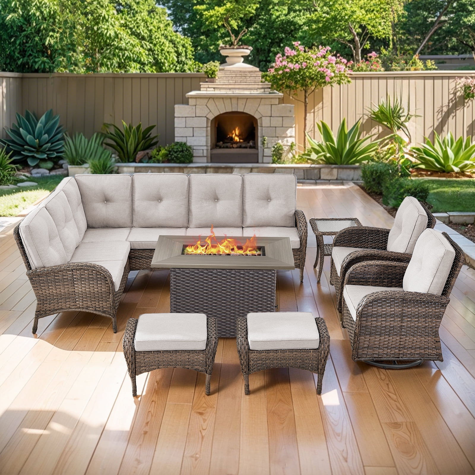 Opohoro 7-Piece Outdoor Wicker Patio Sectional Dining Set with 41" Fire ...
