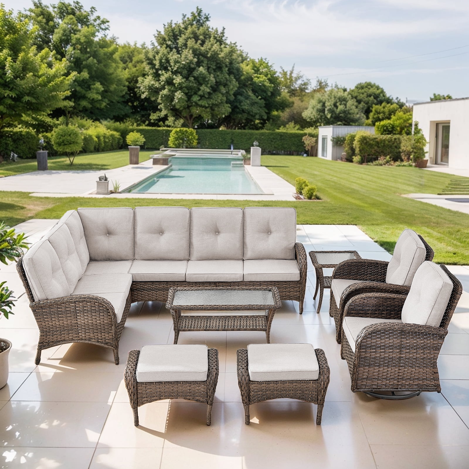 Opohoro 7-Piece Outdoor Wicker Patio Sectional Dining Set with Swivel ...