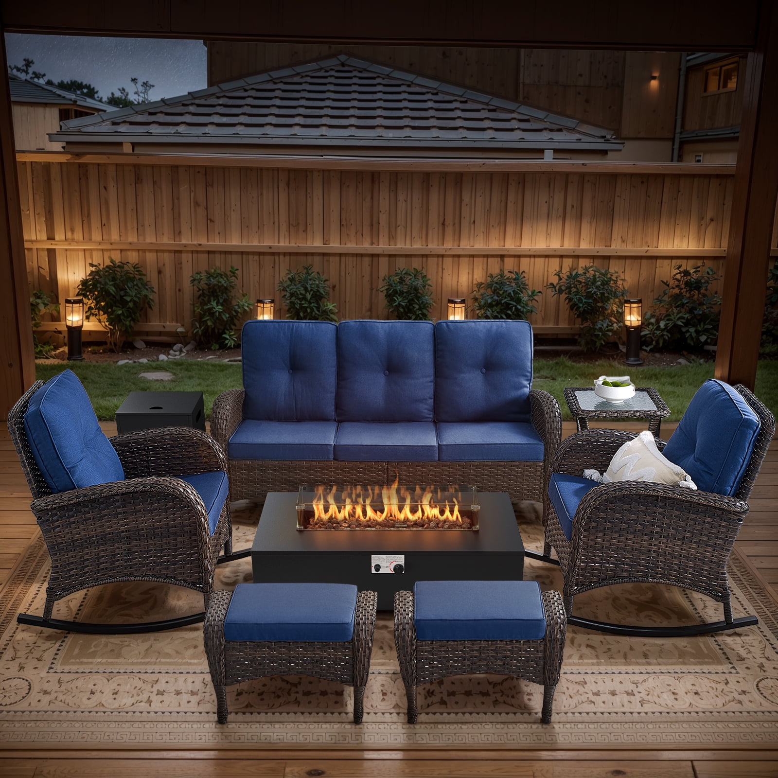 Opohoro 8-Piece Outdoor Patio Fire Pit Set with Sofa and Flat Arm, 43 ...