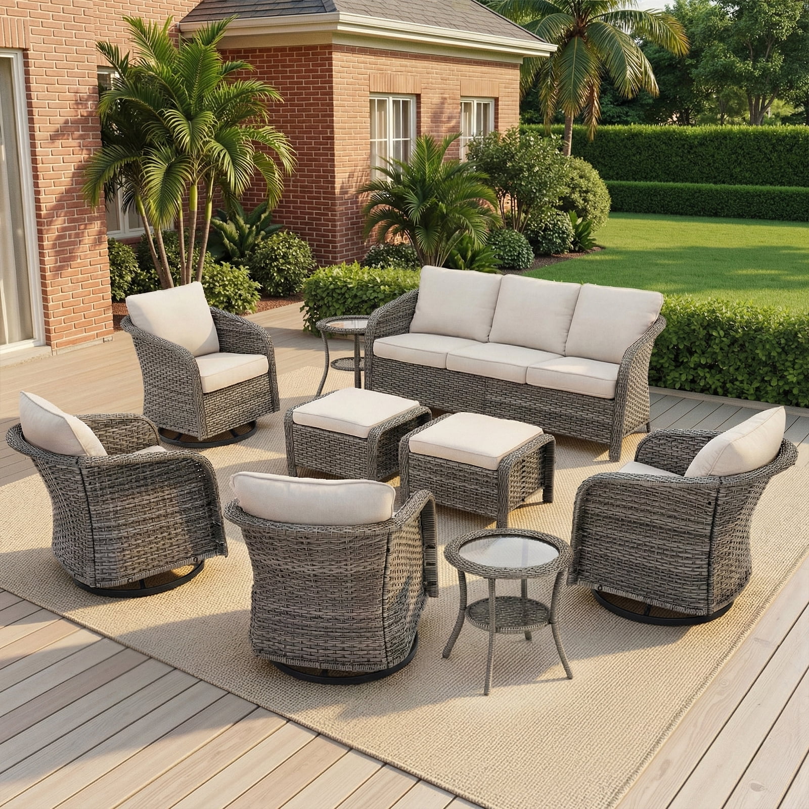 Opohoro 9 Pieces Outdoor Conversation Set with Sofa, Swivel Rockers ...