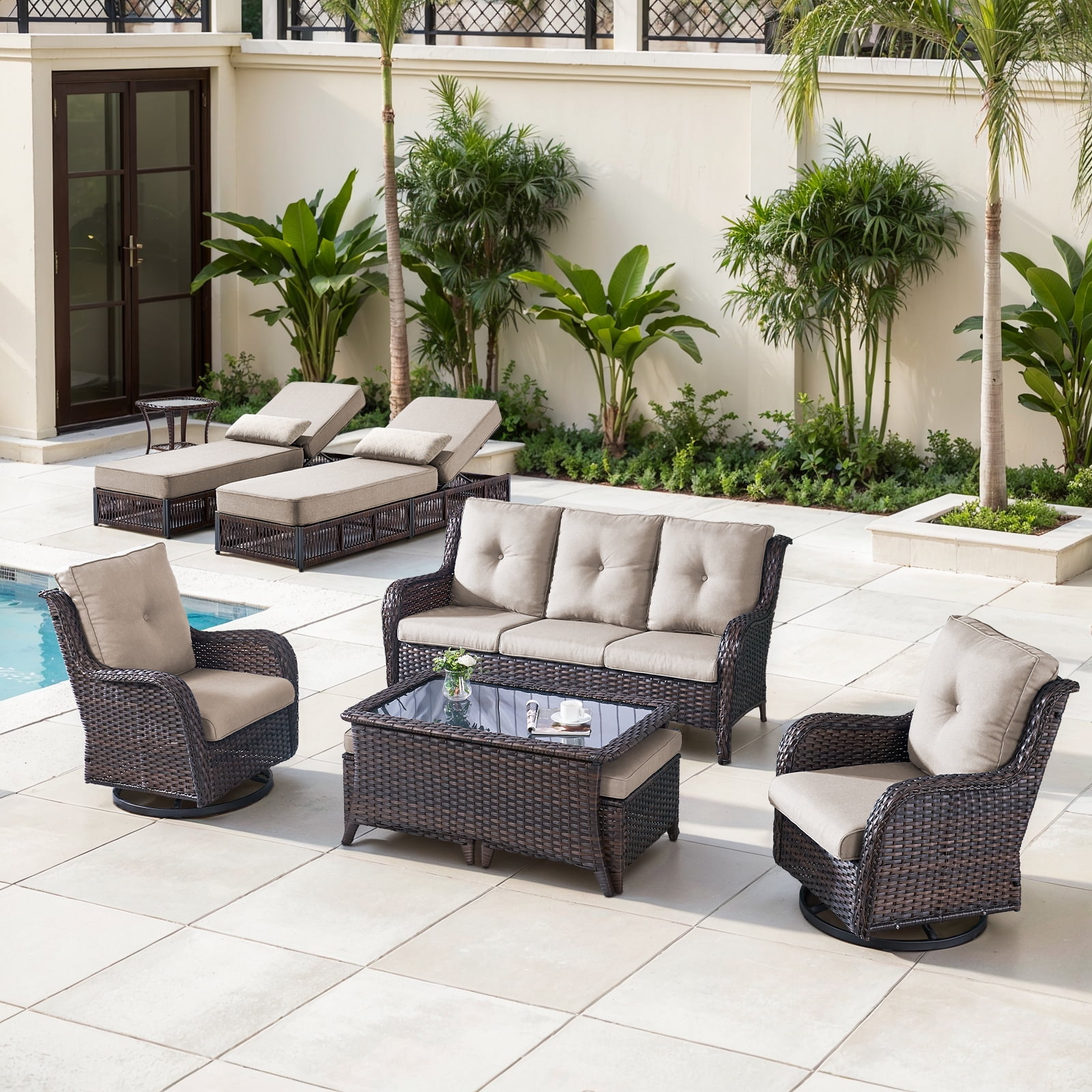 Opohoro 9-Pieces Outdoor Wicker Conversation Set with Adjustable Chaise ...
