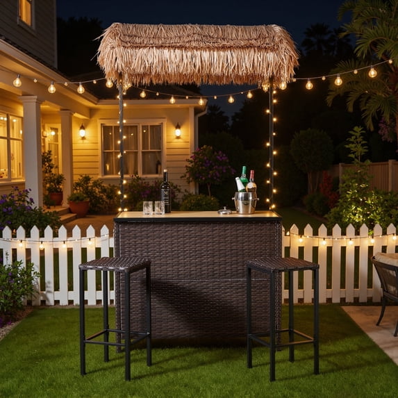 Opohoro Outdoor Tiki Bar Set with Canopy, 3-Piece Wicker Bar Table & 2 ...
