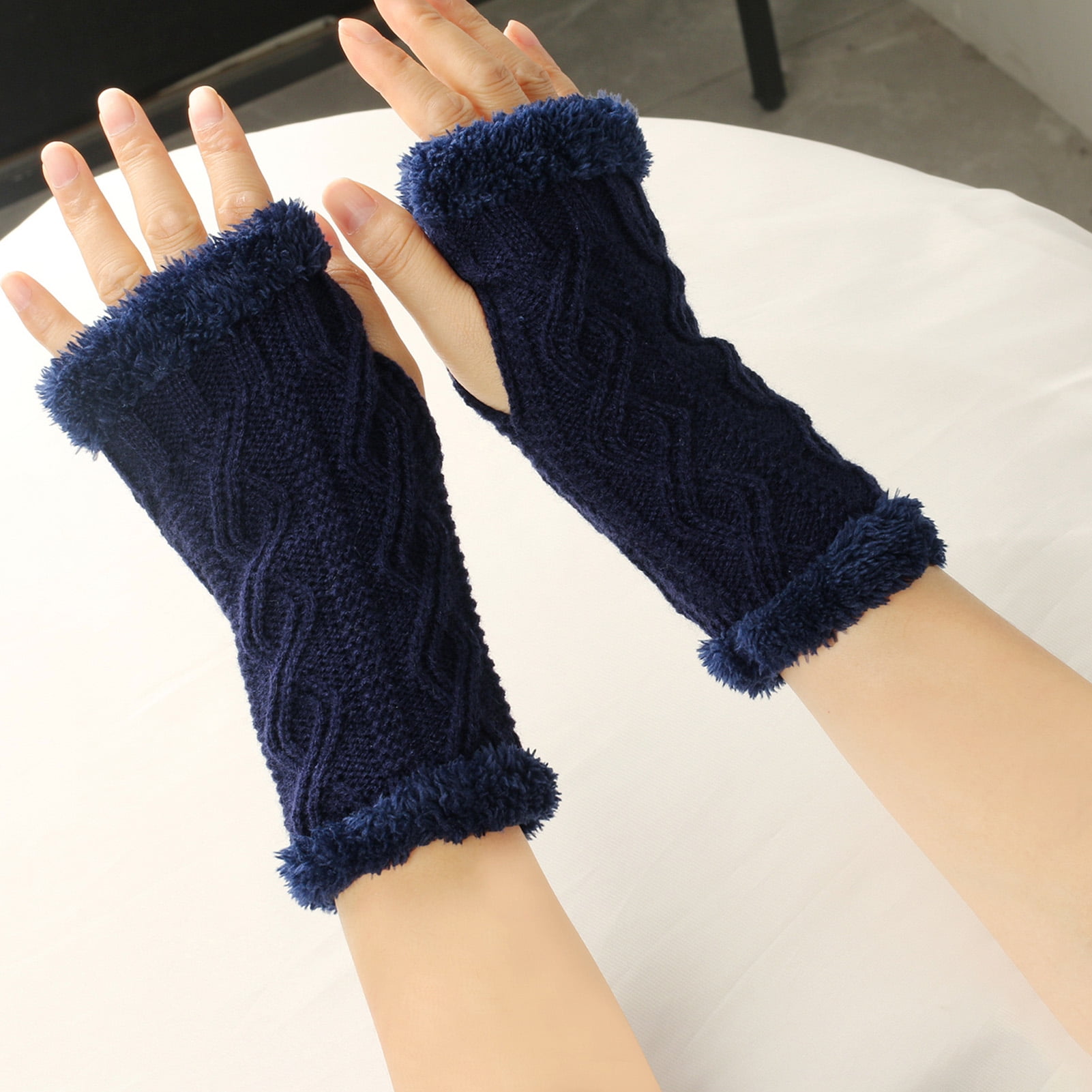 Opolski 1 Pair Thumbhole Design Thickened Fleece Lining Knitted Gloves ...