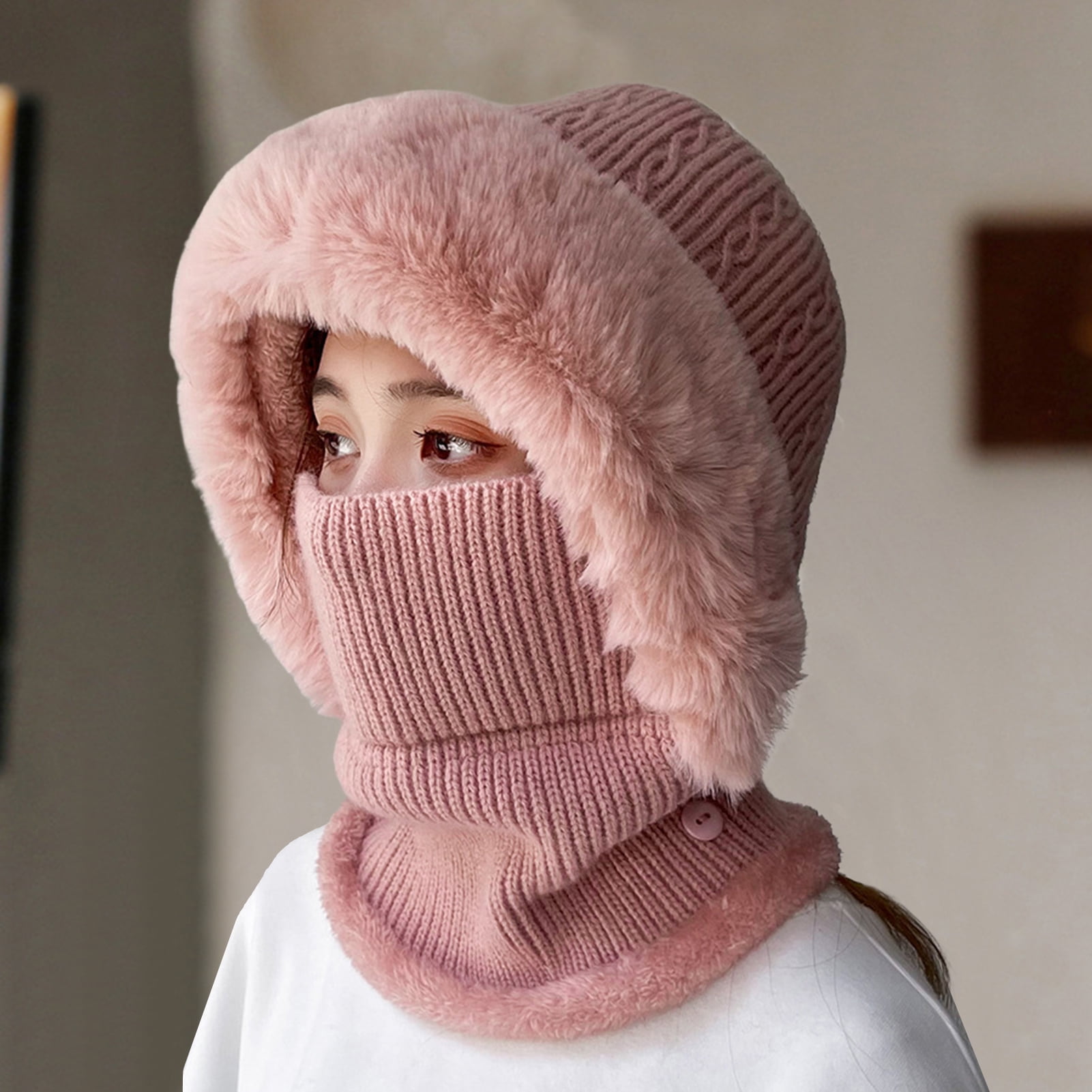 Opolski Knitted Hat Multipurpose Fuzzy Plush Ears Pure Color Autumn ...