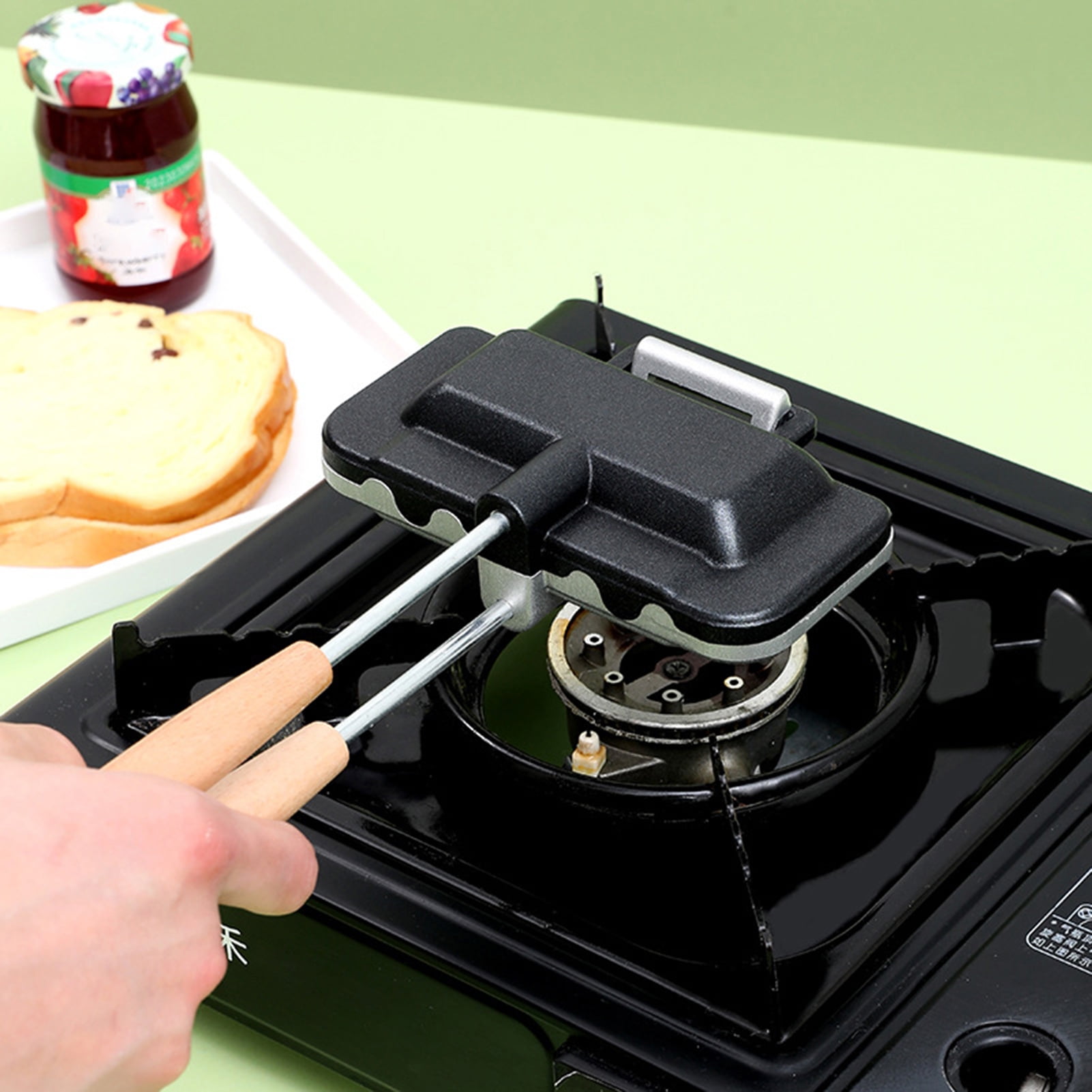 Opolski Outdoor Camping Sandwich Pan with Long Wood Handle Aluminum ...