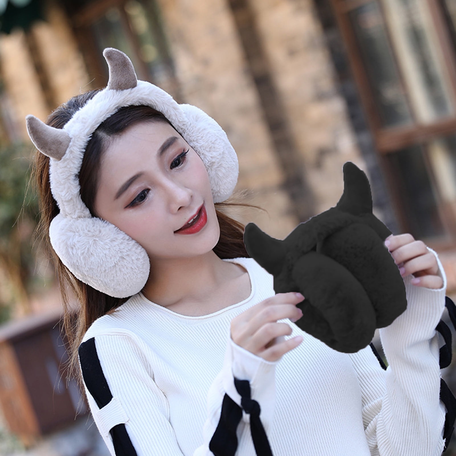 Opolski Winter Earmuff Foldable Plush Horn Decoration Solid Color ...