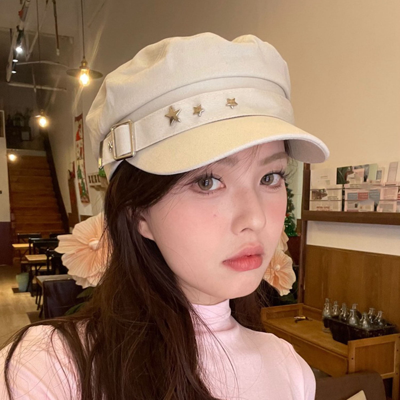 Opolski Women Extended Brim Beret Hat Flat Dome Star Decor Adjustable ...
