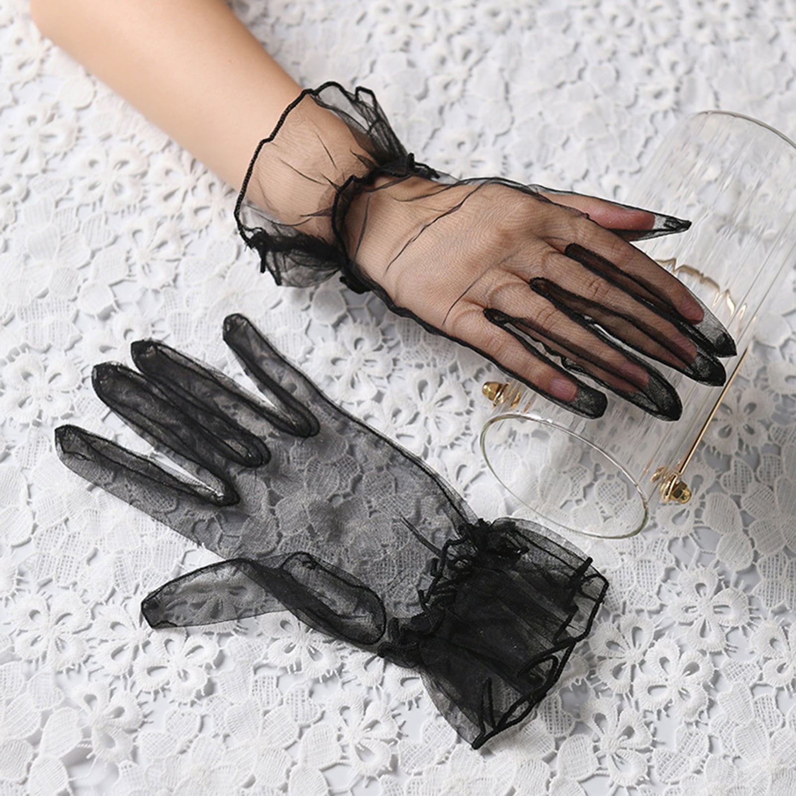 Opolski Women Wedding Gloves See-through Ultrathin Shirring Ruffle Lace ...