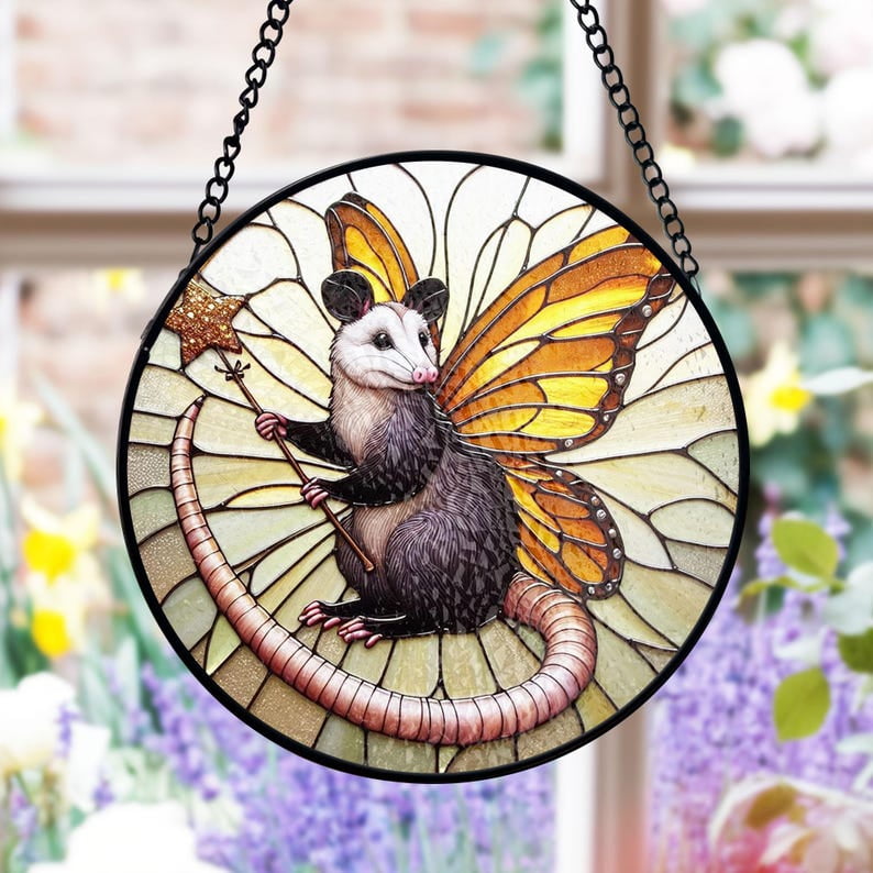 Opossum Fairy Stained Glass Suncatcher, Funny Animal Window Decor ...
