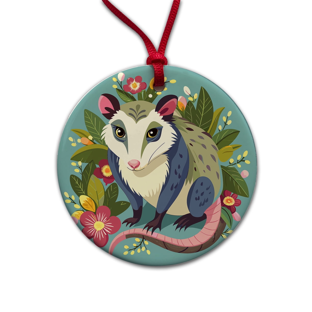 Opossum Floral Flowers Christmas Tree Holiday Round Ceramic Ornament ...