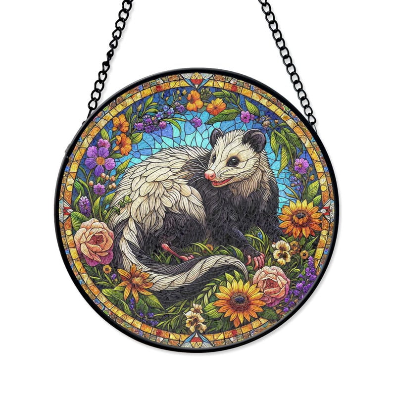 Opossum Stained Glass Panel, Floral Wildlife Art, Window Decor, Nature ...