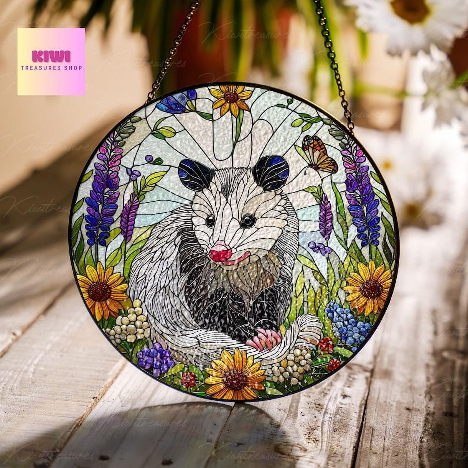 Opossum and wildflowers GLASS Suncatcher Hanging, Cute opossum, opossum ...