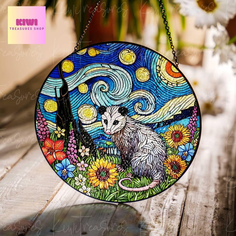 Opossum and wildflowers starry night GLASS Suncatcher Hanging, Cute ...
