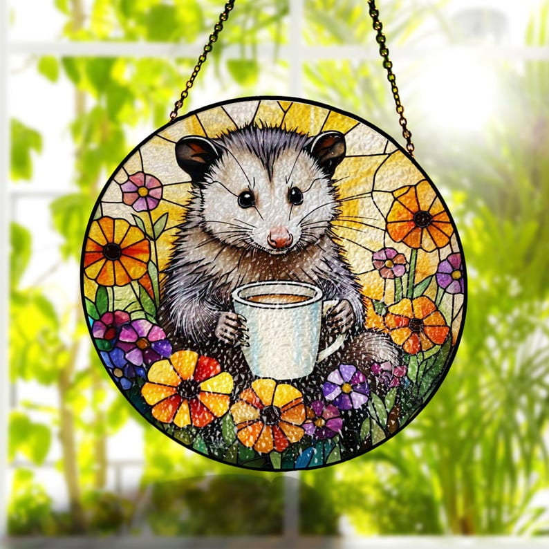 Opossum drinks coffee wildflowers GLASS Suncatcher Hanging, Cute ...