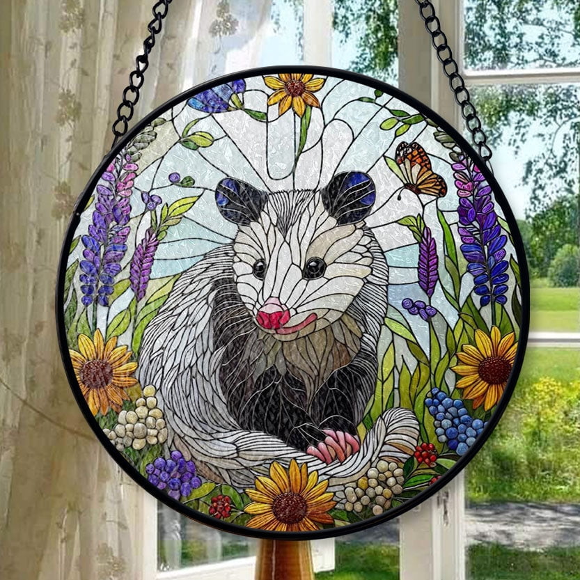 Opossum and wildflowers GLASS Suncatcher Hanging, Cute opossum, opossum ...
