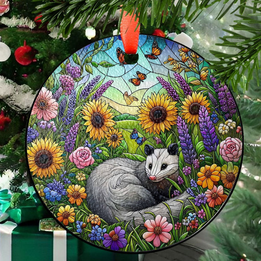 Opossum and wildflowers GLASS Suncatcher Hanging, Opossum Window Art ...