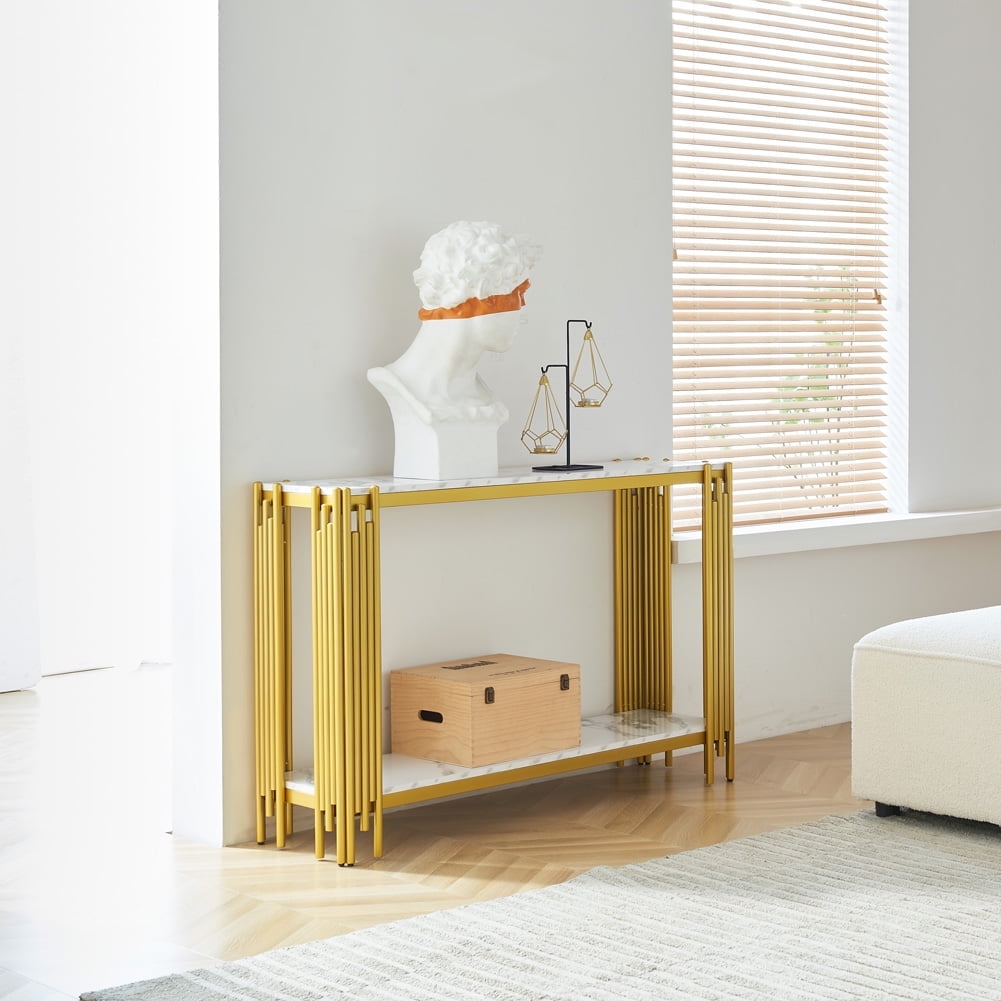 Opspring 49" Sofa Table, Console Table with Anti-tip Device, Adjustable Feet, 2 Tier Open ...