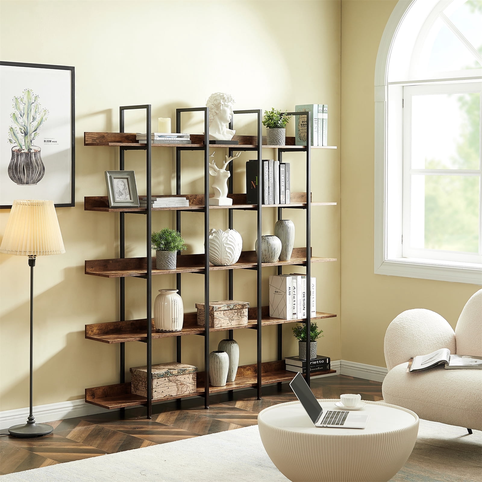 Opspring 5-Tier Bookcase with Metal Frame Vintage Open Bookshelf ...