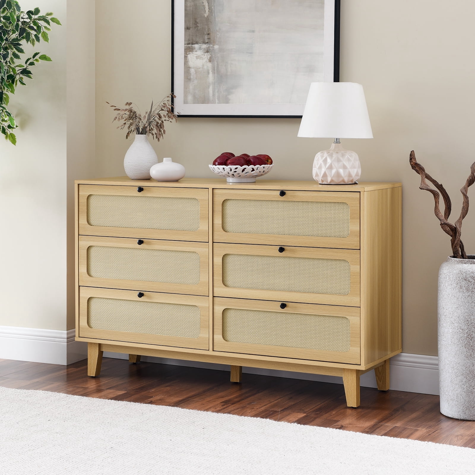 Opspring 6 Drawer Dresser Wood Rattan Drawer Chest with Adjustable Leg ...