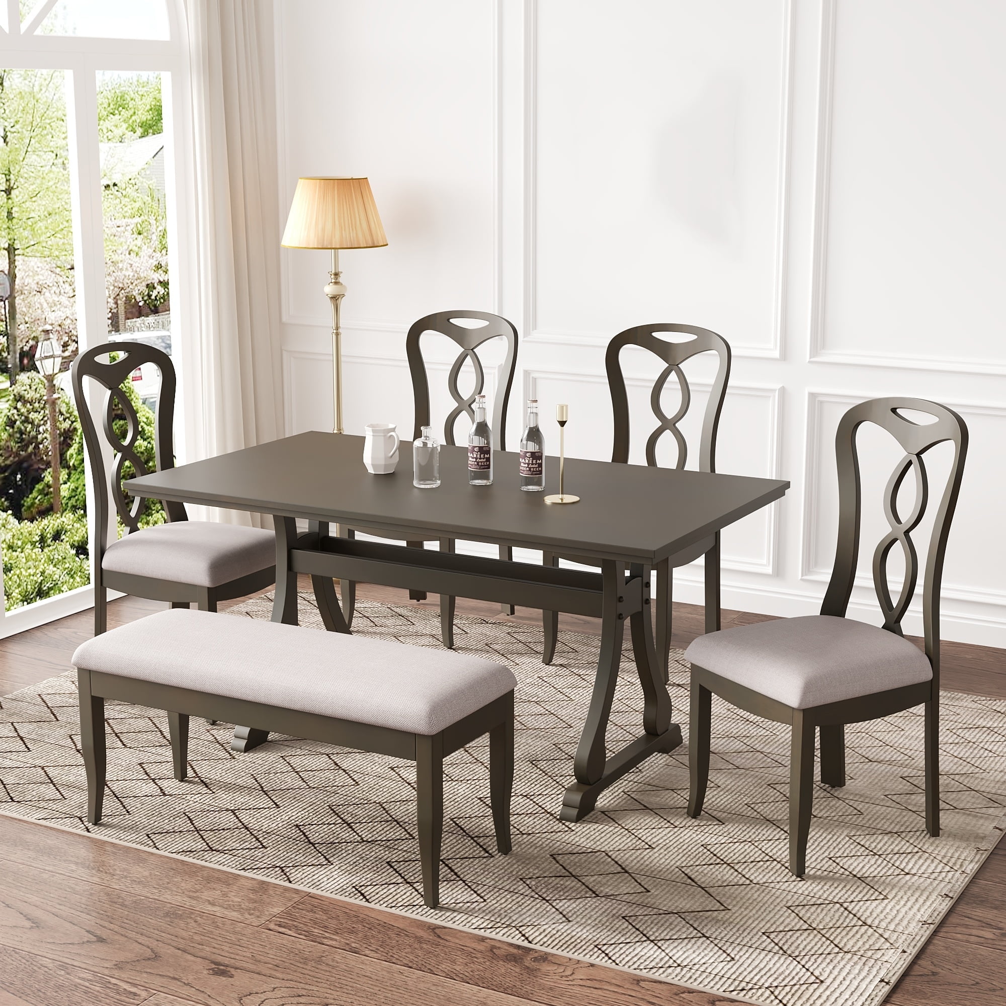 Opspring 6-Piece Retro Trestle Dining Table Set, Solid Rubber Wood Rectangular Dining Table with ...