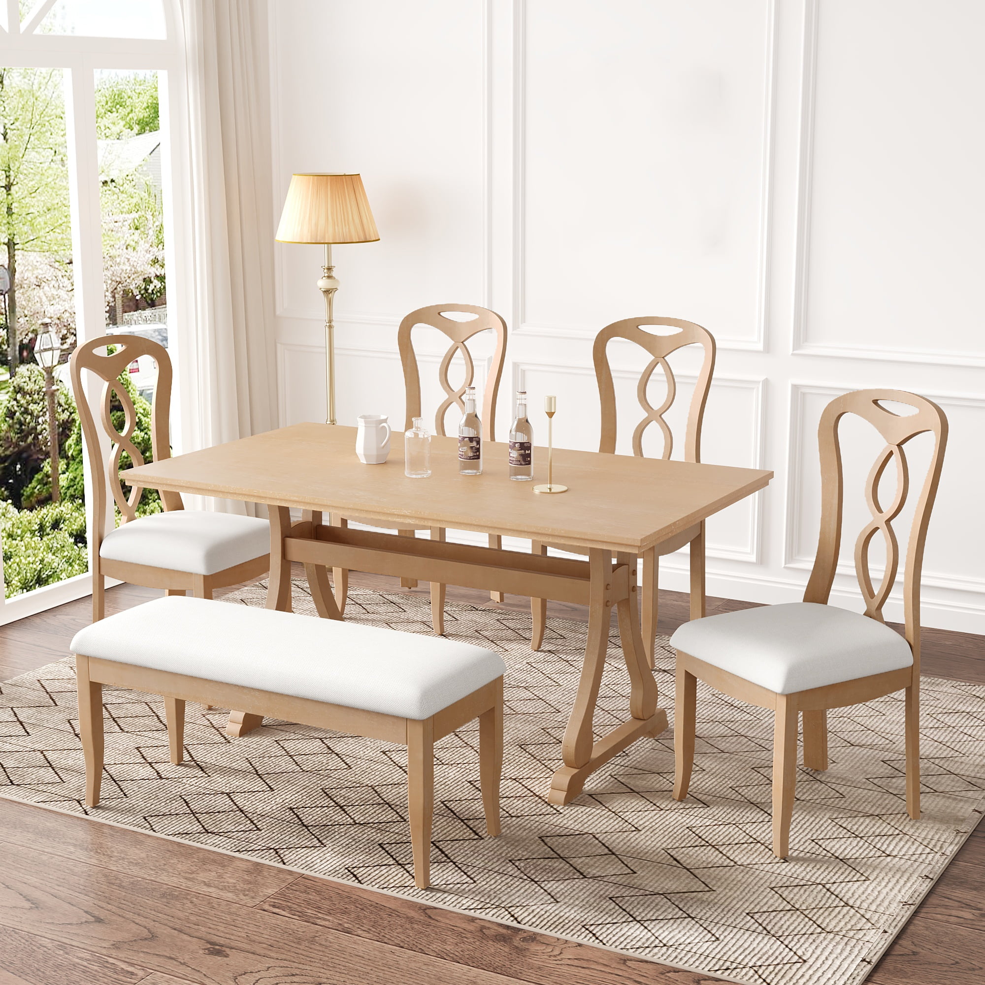 Opspring 6-Piece Retro Trestle Dining Table Set, Solid Rubber Wood Rectangular Dining Table with ...