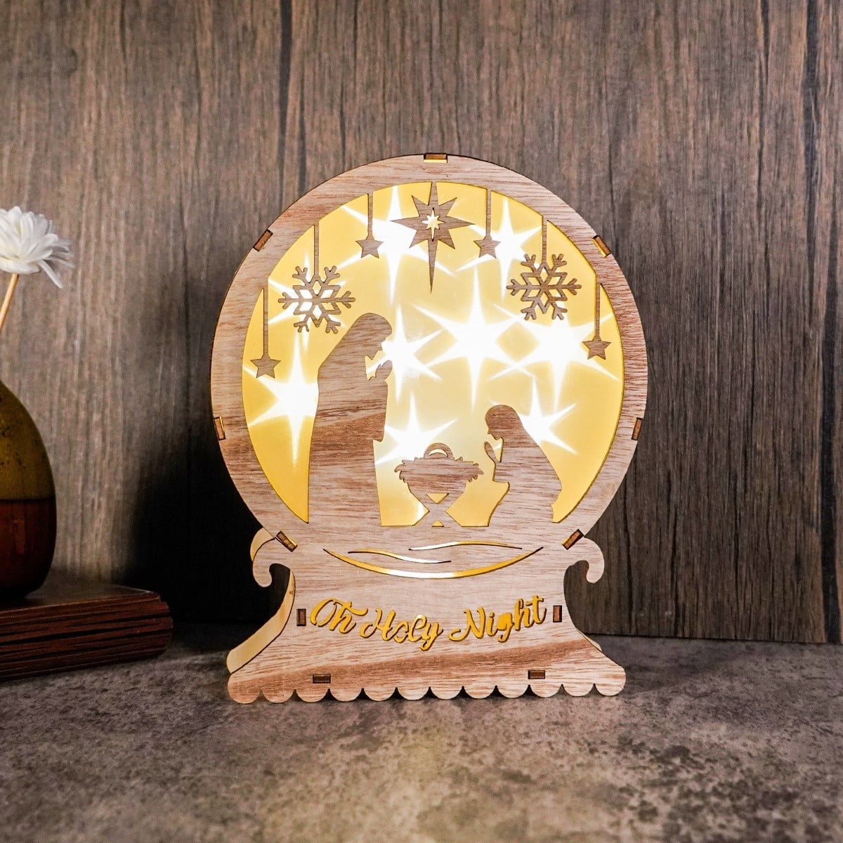 Opspring Christmas Nativity Wooden Round Nativity Scene LED Light ...