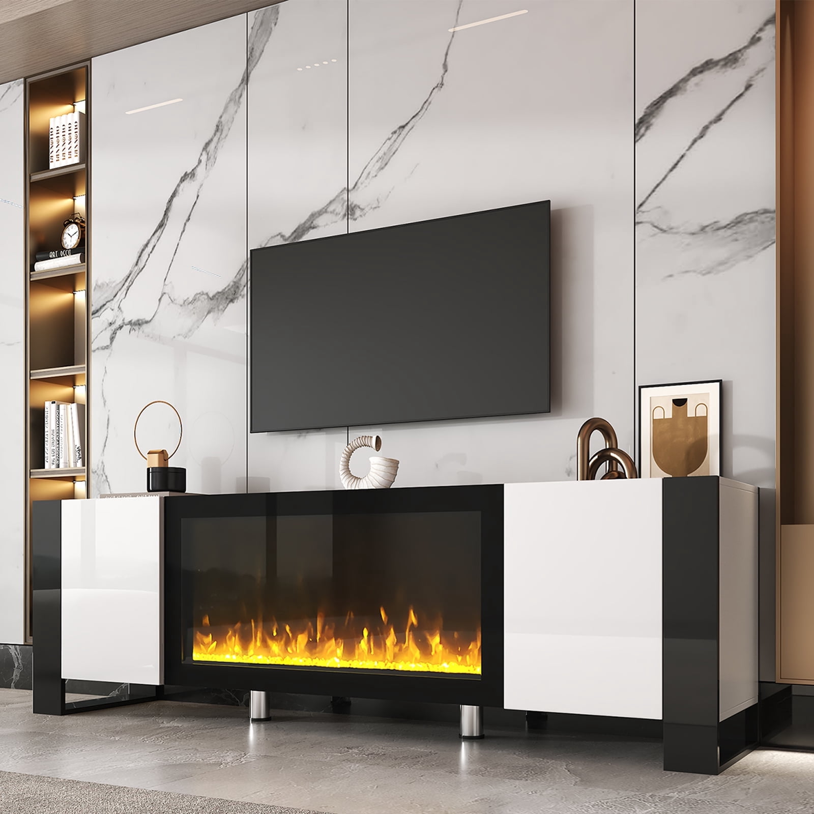 Opspring Fireplace TV Stand with 2 Large Cabinets, 34.2" Electric ...
